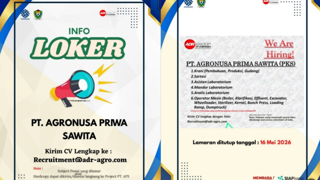 PT Agronusa Prima Sawita Buka 6 Lowongan Kerja, Daftar Sebelum 16 Mei 2026!
